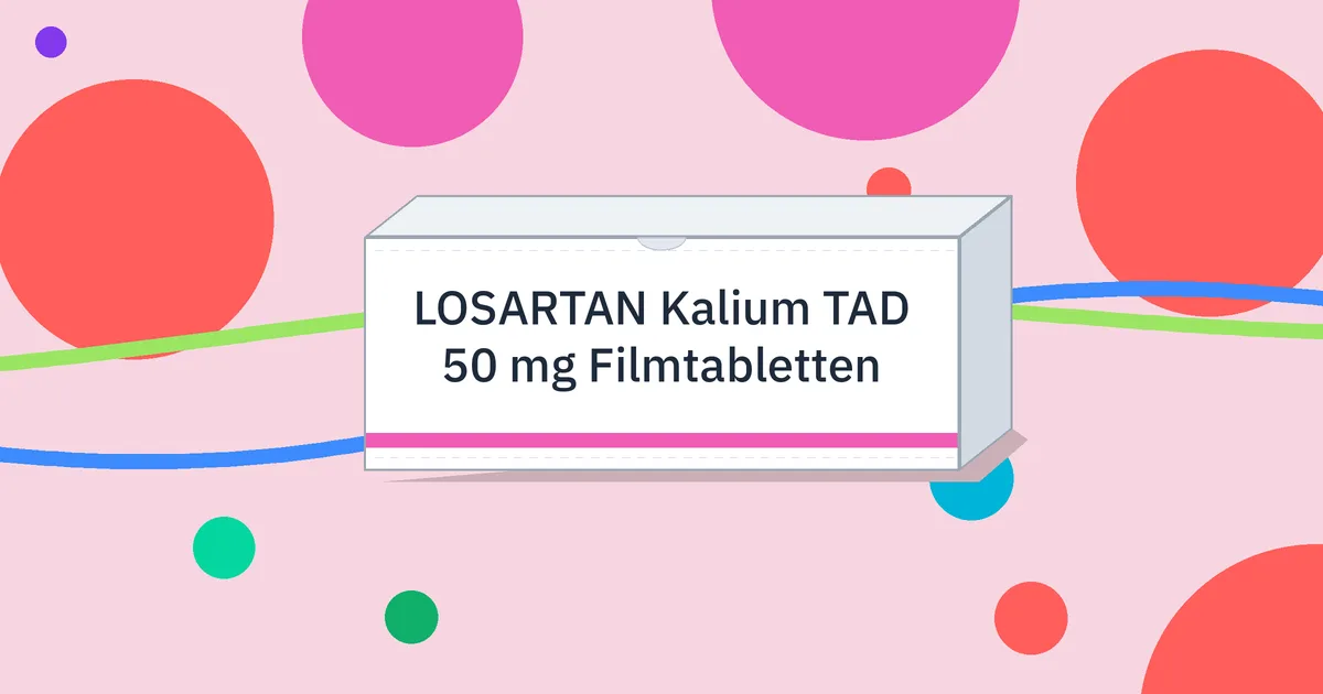 Symbolbild: Packung mit der Aufschrift LOSARTAN Kalium TAD 50 mg Filmtabletten (PZN 09691945) – Verfügbarkeit und Bezug in Apotheken in Frankfurt am Main