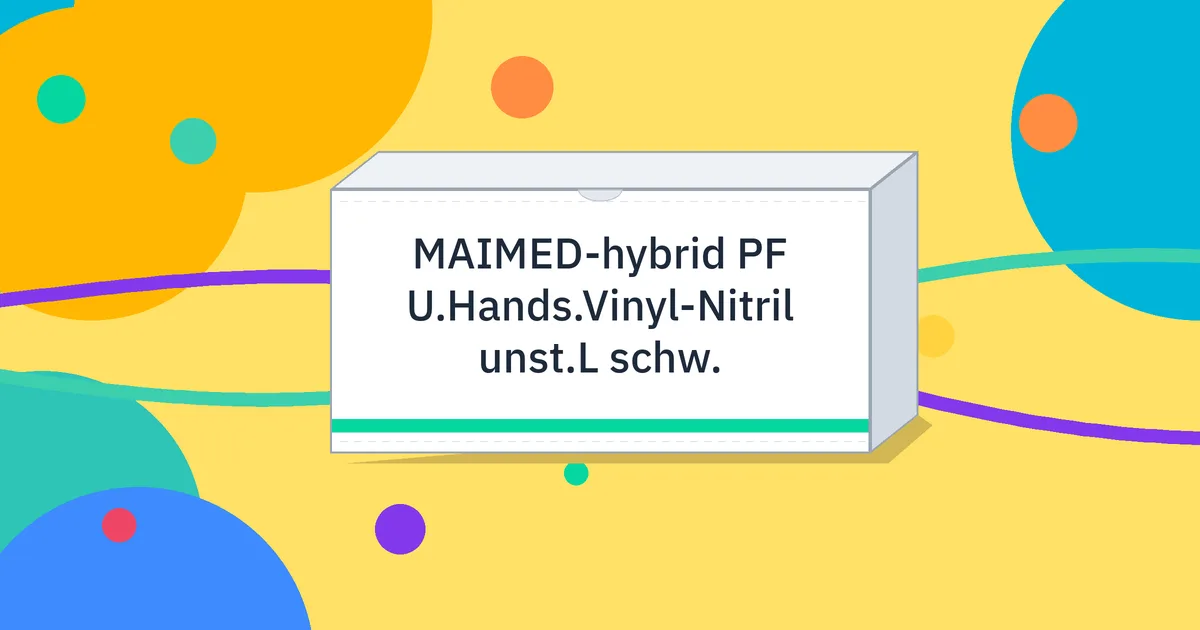 Symbolbild: Packung mit der Aufschrift MAIMED-hybrid PF U.Hands.Vinyl-Nitril unst.L schw. (PZN 17955654) – Verfügbarkeit und Bezug in Apotheken in Frankfurt am Main