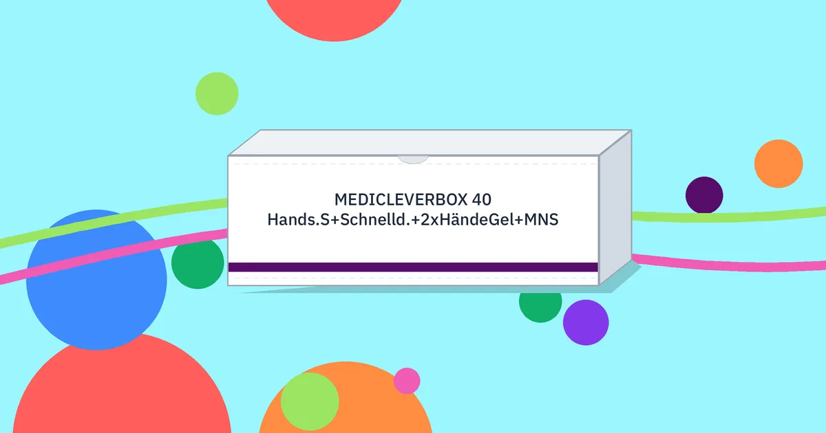 Symbolbild: Packung mit der Aufschrift MEDICLEVERBOX 40 Hands.S+Schnelld.+2xHändeGel+MNS (PZN 19112782) – Verfügbarkeit und Bezug in Apotheken in Frankfurt am Main