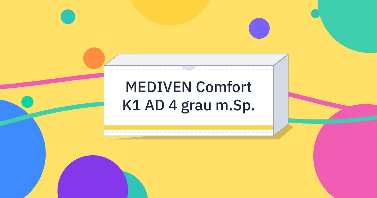 Symbolbild: Packung mit der Aufschrift MEDIVEN Comfort K1 AD 4 grau m.Sp. (PZN 19005649) – Verfügbarkeit und Bezug in Apotheken in Frankfurt am Main