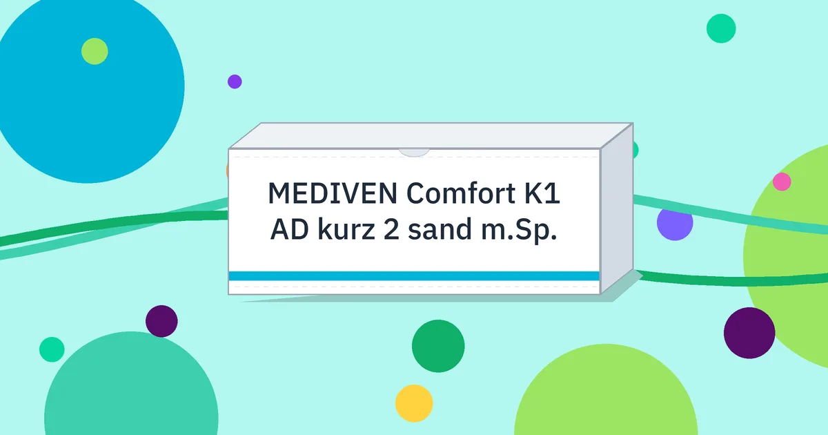 Symbolbild: Packung mit der Aufschrift MEDIVEN Comfort K1 AD kurz 2 sand m.Sp. (PZN 19005974) – Verfügbarkeit und Bezug in Apotheken in Frankfurt am Main