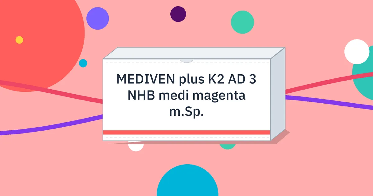 Symbolbild: Packung mit der Aufschrift MEDIVEN plus K2 AD 3 NHB medi magenta m.Sp. (PZN 15936782) – Verfügbarkeit und Bezug in Apotheken in Frankfurt am Main