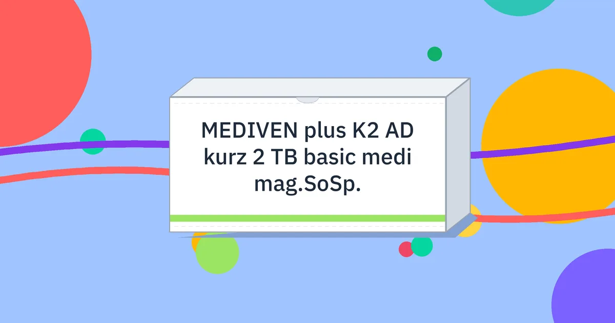 Symbolbild: Packung mit der Aufschrift MEDIVEN plus K2 AD kurz 2 TB basic medi mag.SoSp. (PZN 15098677) – Verfügbarkeit und Bezug in Apotheken in Frankfurt am Main