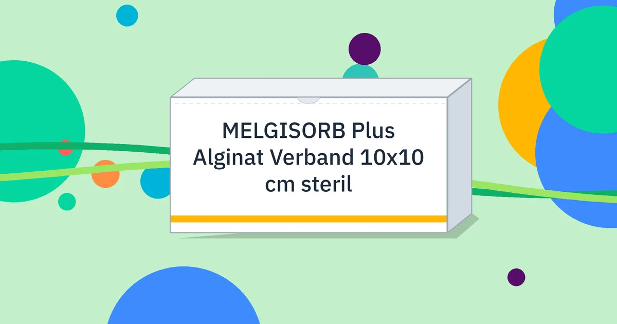 Symbolbild: Packung mit der Aufschrift MELGISORB Plus Alginat Verband 10x10 cm steril (PZN 10781872) – Verfügbarkeit und Bezug in Apotheken in Frankfurt am Main
