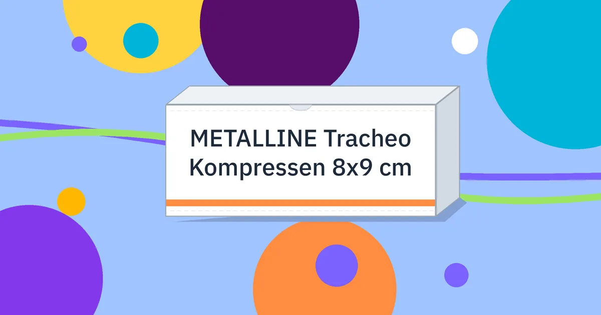 Symbolbild: Packung mit der Aufschrift METALLINE Tracheo Kompressen 8x9 cm (PZN 13748065) – Verfügbarkeit und Bezug in Apotheken in Frankfurt am Main