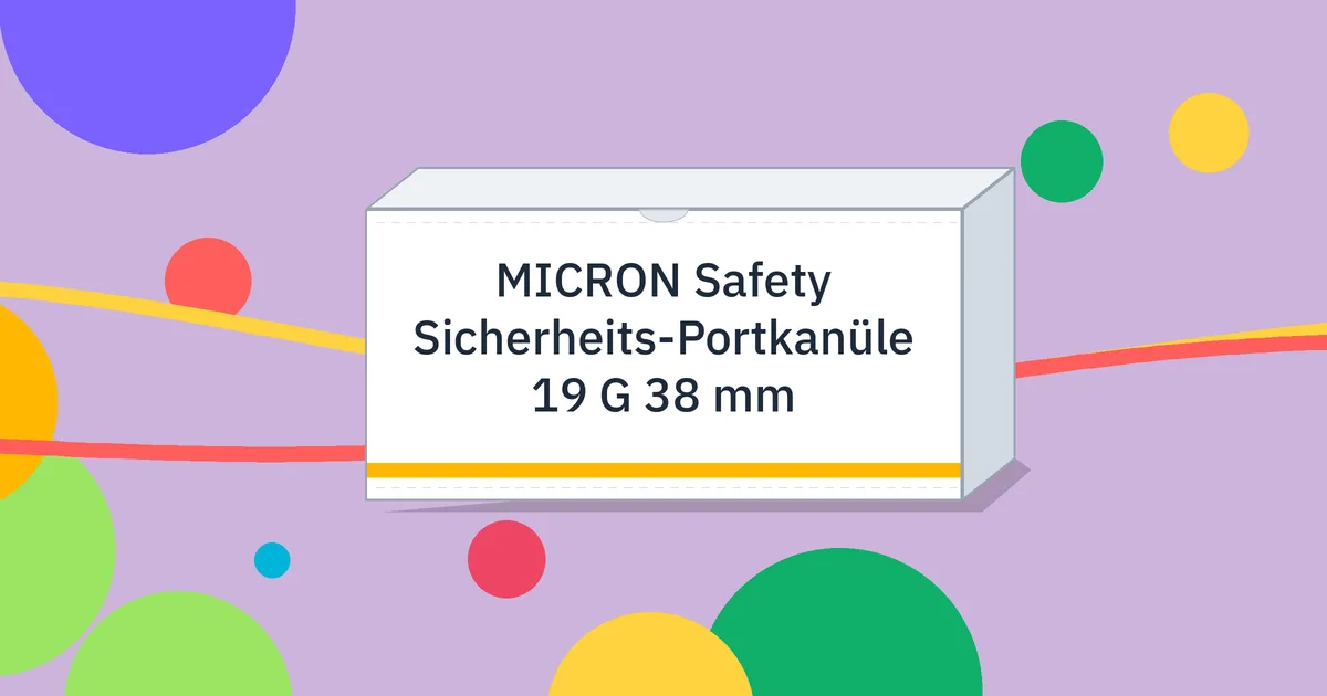 Symbolbild: Packung mit der Aufschrift MICRON Safety Sicherheits-Portkanüle 19 G 38 mm (PZN 19146278) – Verfügbarkeit und Bezug in Apotheken in Frankfurt am Main
