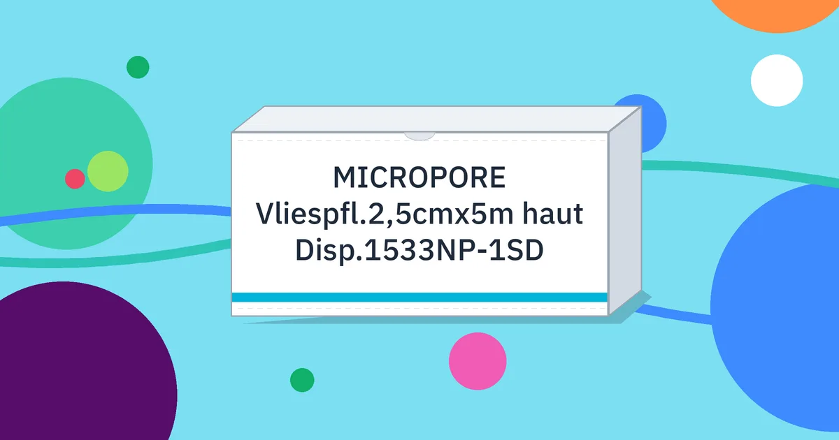 Symbolbild: Packung mit der Aufschrift MICROPORE Vliespfl.2,5cmx5m haut Disp.1533NP-1SD (PZN 19814840) – Verfügbarkeit und Bezug in Apotheken in Frankfurt am Main