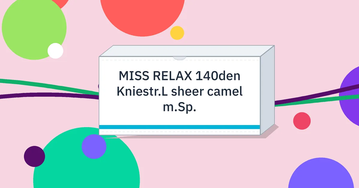 Symbolbild: Packung mit der Aufschrift MISS RELAX 140den Kniestr.L sheer camel m.Sp. (PZN 16189583) – Verfügbarkeit und Bezug in Apotheken in Frankfurt am Main