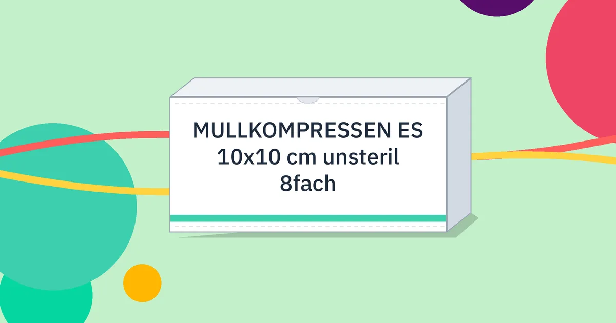 Symbolbild: Packung mit der Aufschrift MULLKOMPRESSEN ES 10x10 cm unsteril 8fach (PZN 06310871) – Verfügbarkeit und Bezug in Apotheken in Frankfurt am Main