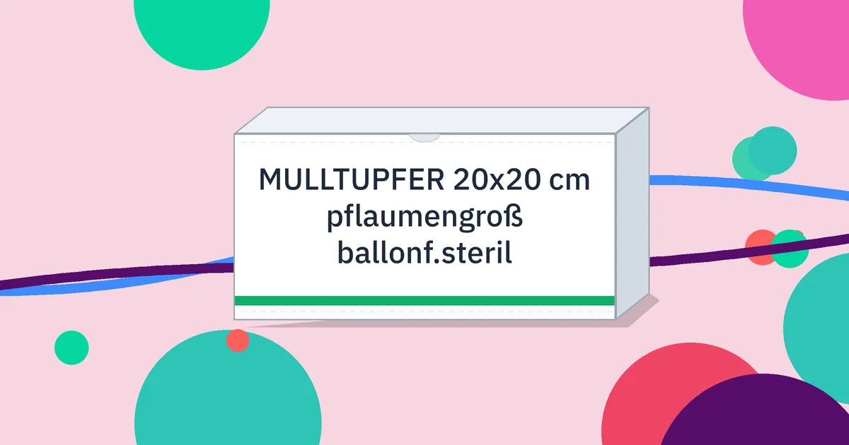Symbolbild: Packung mit der Aufschrift MULLTUPFER 20x20 cm pflaumengroß ballonf.steril (PZN 00262510) – Verfügbarkeit und Bezug in Apotheken in Frankfurt am Main
