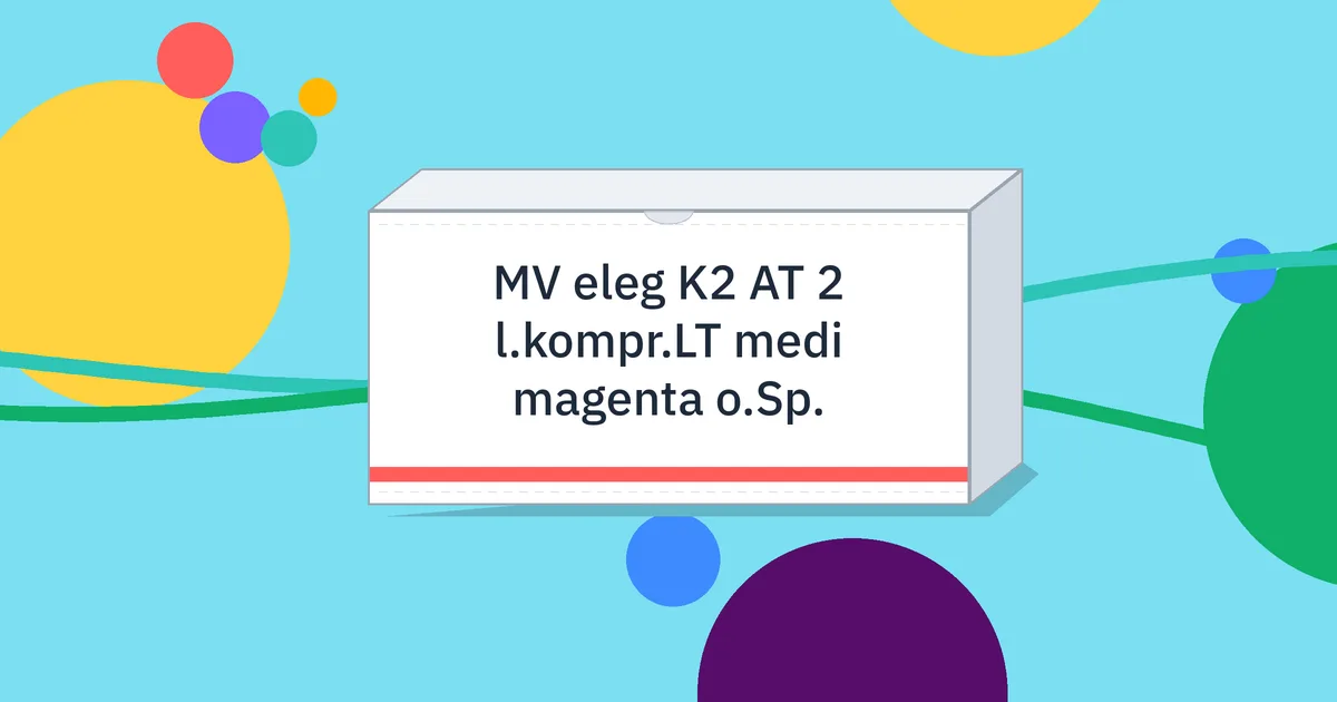 Symbolbild: Packung mit der Aufschrift MV eleg K2 AT 2 l.kompr.LT medi magenta o.Sp. (PZN 15285712) – Verfügbarkeit und Bezug in Apotheken in Frankfurt am Main