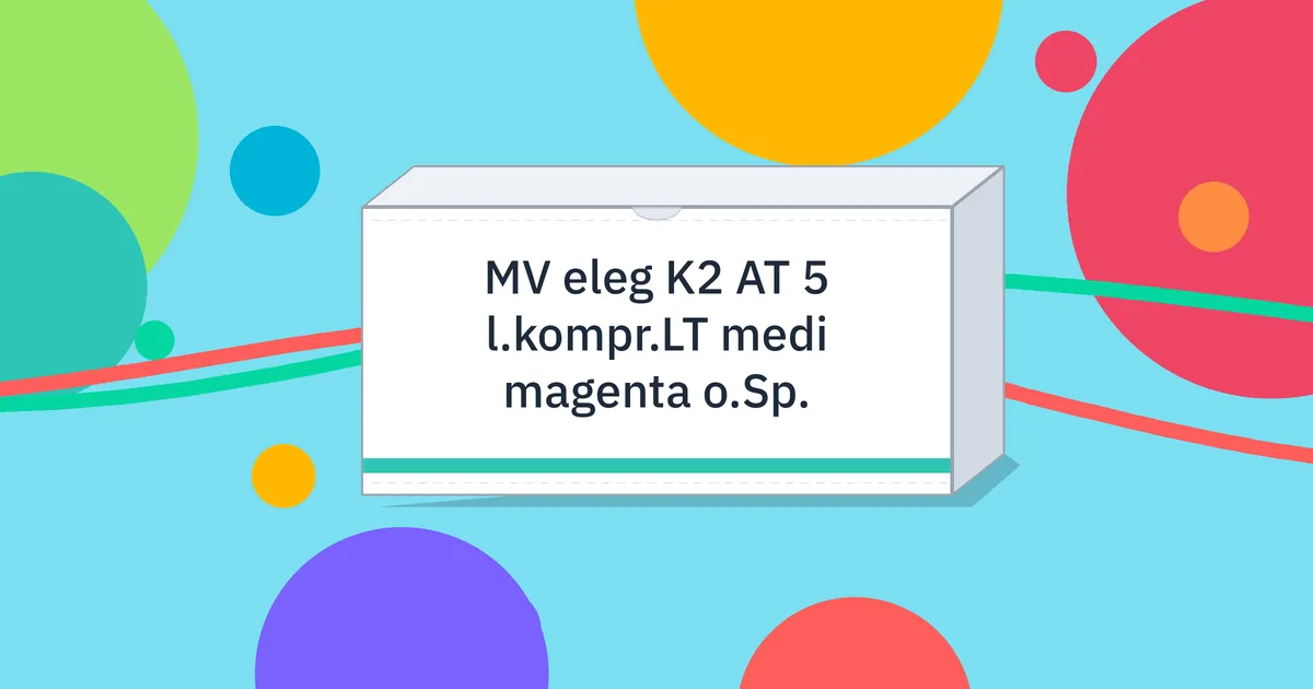 Symbolbild: Packung mit der Aufschrift MV eleg K2 AT 5 l.kompr.LT medi magenta o.Sp. (PZN 15285741) – Verfügbarkeit und Bezug in Apotheken in Frankfurt am Main