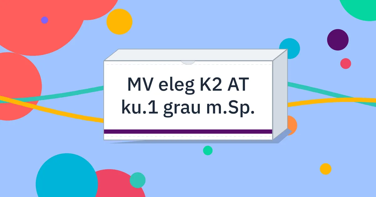 Symbolbild: Packung mit der Aufschrift MV eleg K2 AT ku.1 grau m.Sp. (PZN 18923030) – Verfügbarkeit und Bezug in Apotheken in Frankfurt am Main