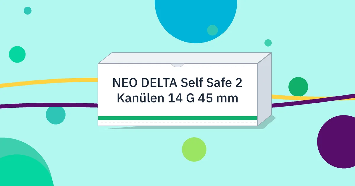Symbolbild: Packung mit der Aufschrift NEO DELTA Self Safe 2 Kanülen 14 G 45 mm (PZN 07767130) – Verfügbarkeit und Bezug in Apotheken in Frankfurt am Main