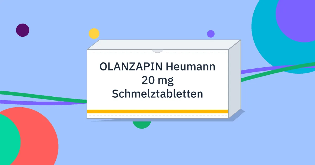 Symbolbild: Packung mit der Aufschrift OLANZAPIN Heumann 20 mg Schmelztabletten (PZN 09100039) – Verfügbarkeit und Bezug in Apotheken in Frankfurt am Main