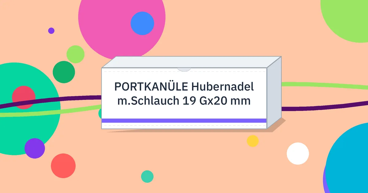 Symbolbild: Packung mit der Aufschrift PORTKANÜLE Hubernadel m.Schlauch 19 Gx20 mm (PZN 12497738) – Verfügbarkeit und Bezug in Apotheken in Frankfurt am Main