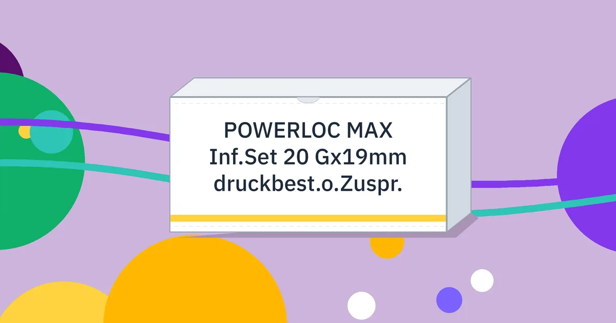 Symbolbild: Packung mit der Aufschrift POWERLOC MAX Inf.Set 20 Gx19mm druckbest.o.Zuspr. (PZN 18816512) – Verfügbarkeit und Bezug in Apotheken in Frankfurt am Main