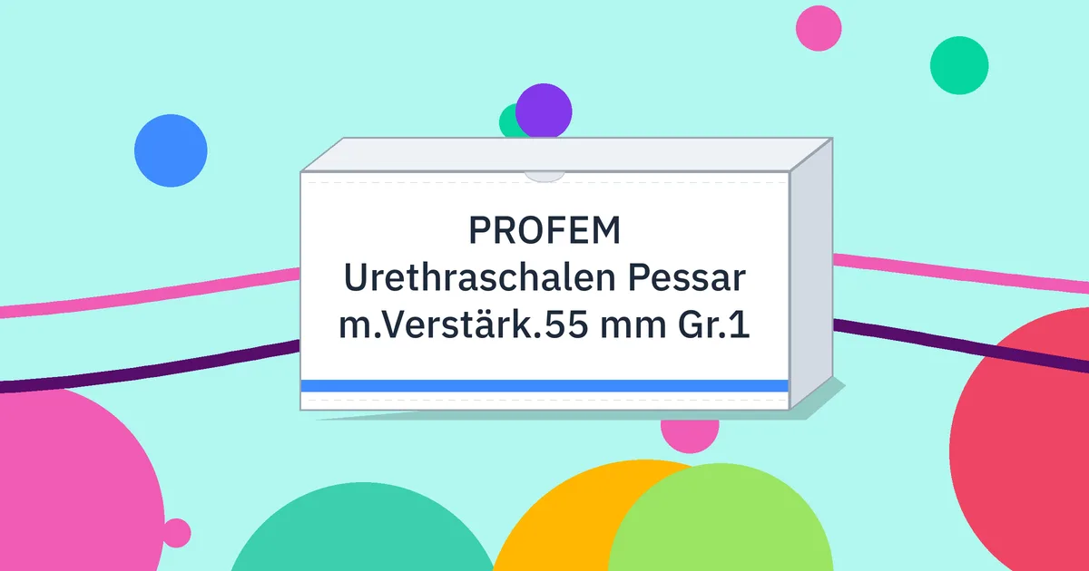 Symbolbild: Packung mit der Aufschrift PROFEM Urethraschalen Pessar m.Verstärk.55 mm Gr.1 (PZN 11672719) – Verfügbarkeit und Bezug in Apotheken in Frankfurt am Main