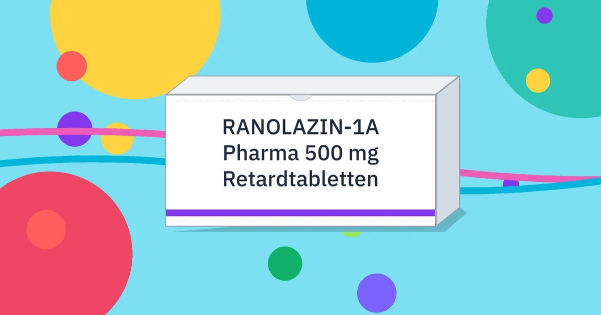 Symbolbild: Packung mit der Aufschrift RANOLAZIN-1A Pharma 500 mg Retardtabletten (PZN 19375062) – Verfügbarkeit und Bezug in Apotheken in Frankfurt am Main