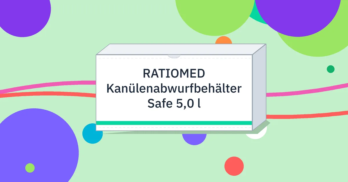 Symbolbild: Packung mit der Aufschrift RATIOMED Kanülenabwurfbehälter Safe 5,0 l (PZN 18197173) – Verfügbarkeit und Bezug in Apotheken in Frankfurt am Main