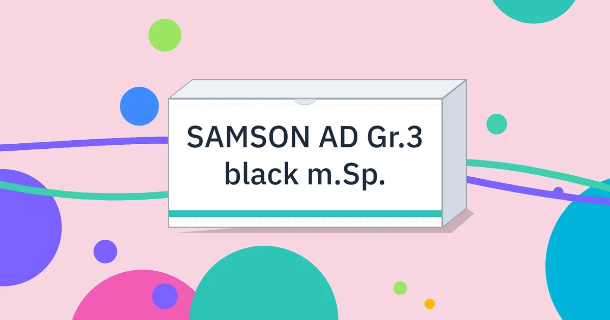 Symbolbild: Packung mit der Aufschrift SAMSON AD Gr.3 black m.Sp. (PZN 14248778) – Verfügbarkeit und Bezug in Apotheken in Frankfurt am Main