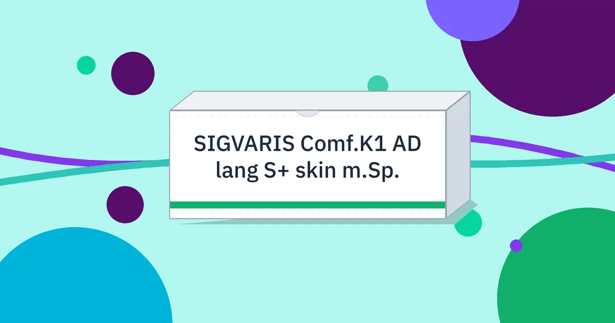 Symbolbild: Packung mit der Aufschrift SIGVARIS Comf.K1 AD lang S+ skin m.Sp. (PZN 17042020) – Verfügbarkeit und Bezug in Apotheken in Frankfurt am Main