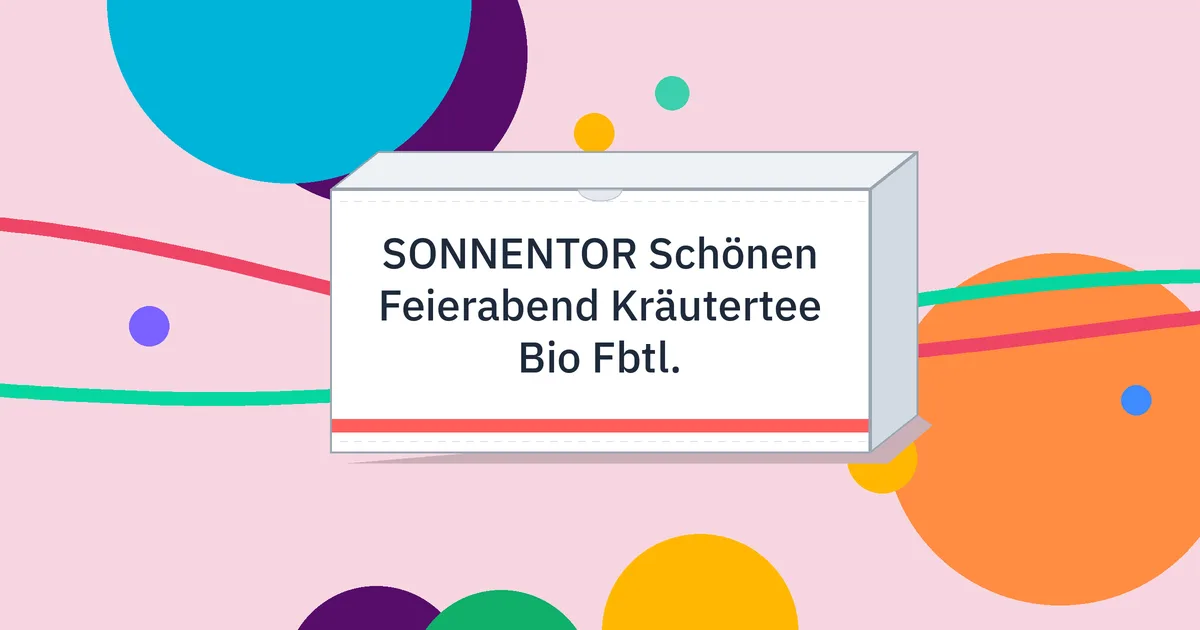 Symbolbild: Packung mit der Aufschrift SONNENTOR Schönen Feierabend Kräutertee Bio Fbtl. (PZN 18902430) – Verfügbarkeit und Bezug in Apotheken in Frankfurt am Main