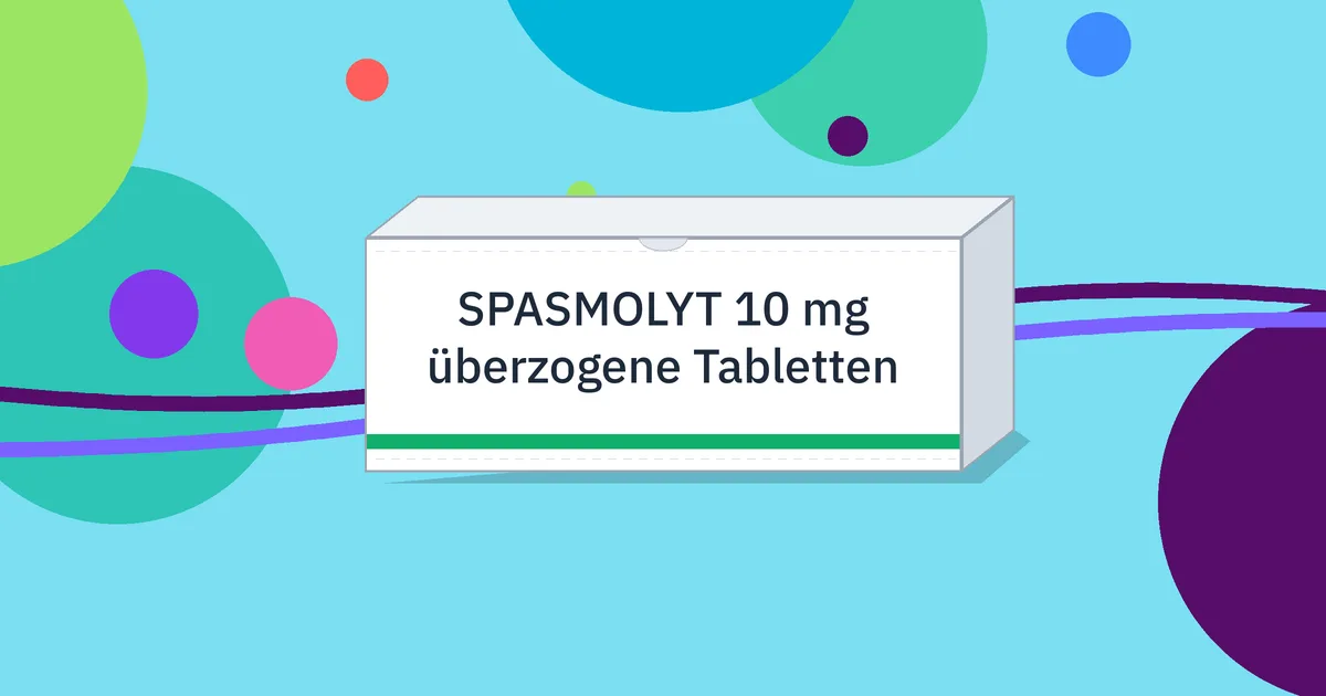 Symbolbild: Packung mit der Aufschrift SPASMOLYT 10 mg überzogene Tabletten (PZN 00969362) – Verfügbarkeit und Bezug in Apotheken in Frankfurt am Main