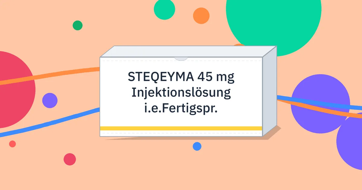 Symbolbild: Packung mit der Aufschrift STEQEYMA 45 mg Injektionslösung i.e.Fertigspr. (PZN 19659919) – Verfügbarkeit und Bezug in Apotheken in Frankfurt am Main