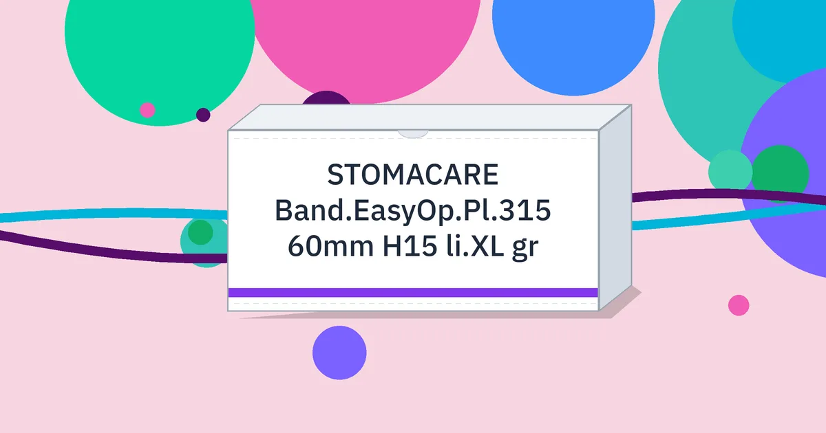 Symbolbild: Packung mit der Aufschrift STOMACARE Band.EasyOp.Pl.315 60mm H15 li.XL gr (PZN 17905432) – Verfügbarkeit und Bezug in Apotheken in Frankfurt am Main