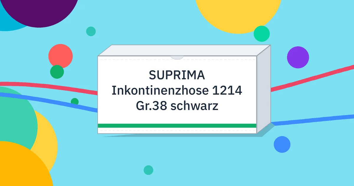 Symbolbild: Packung mit der Aufschrift SUPRIMA Inkontinenzhose 1214 Gr.38 schwarz (PZN 02852919) – Verfügbarkeit und Bezug in Apotheken in Frankfurt am Main