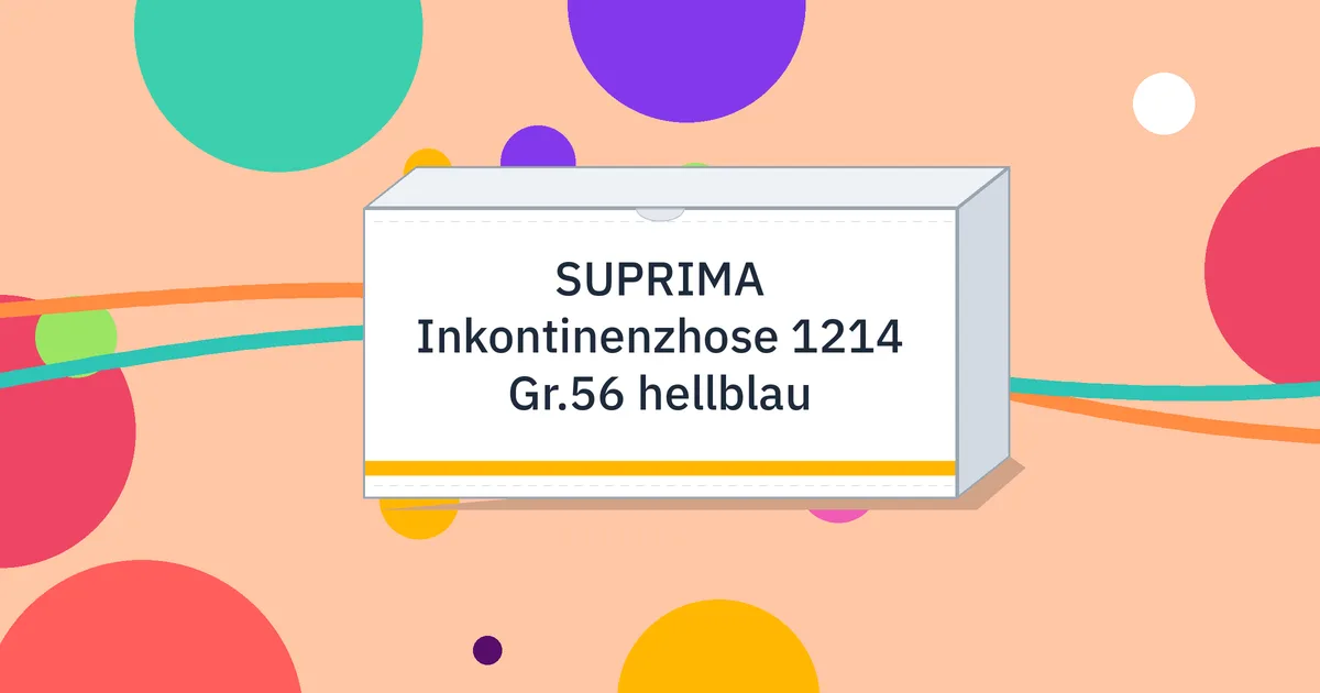 Symbolbild: Packung mit der Aufschrift SUPRIMA Inkontinenzhose 1214 Gr.56 hellblau (PZN 03027548) – Verfügbarkeit und Bezug in Apotheken in Frankfurt am Main