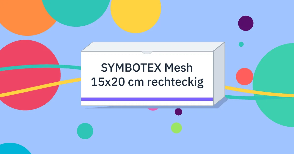 Symbolbild: Packung mit der Aufschrift SYMBOTEX Mesh 15x20 cm rechteckig (PZN 10631138) – Verfügbarkeit und Bezug in Apotheken in Frankfurt am Main