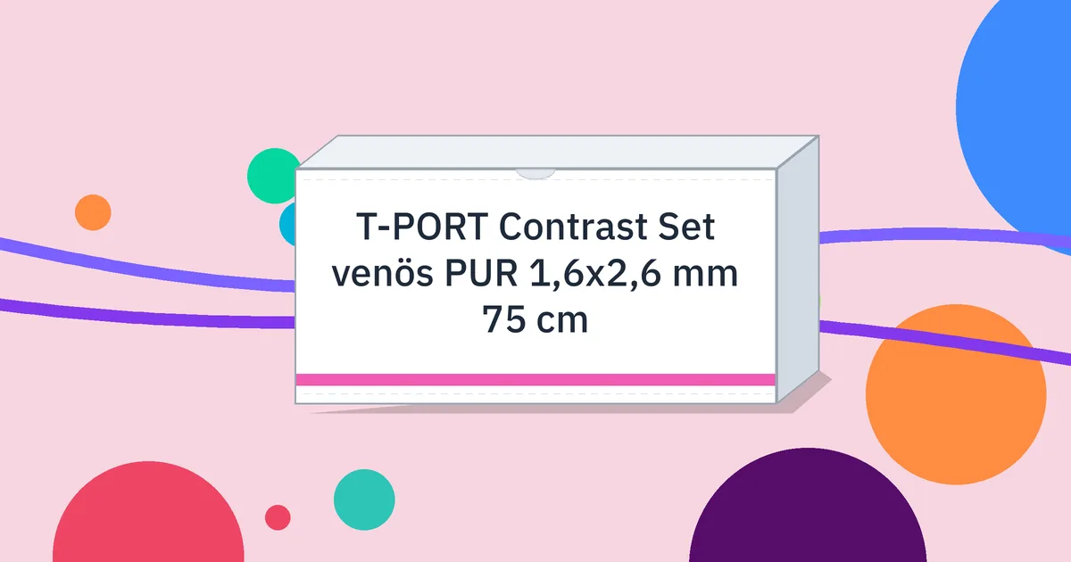 Symbolbild: Packung mit der Aufschrift T-PORT Contrast Set venös PUR 1,6x2,6 mm 75 cm (PZN 07591257) – Verfügbarkeit und Bezug in Apotheken in Frankfurt am Main