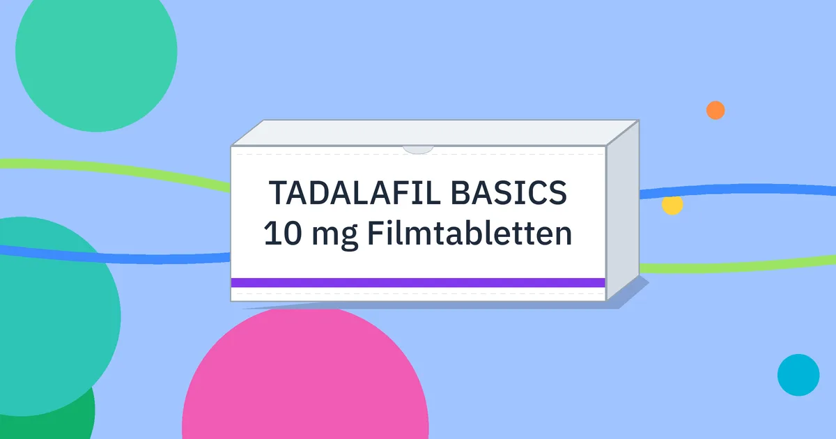 Symbolbild: Packung mit der Aufschrift TADALAFIL BASICS 10 mg Filmtabletten (PZN 14130947) – Verfügbarkeit und Bezug in Apotheken in Frankfurt am Main