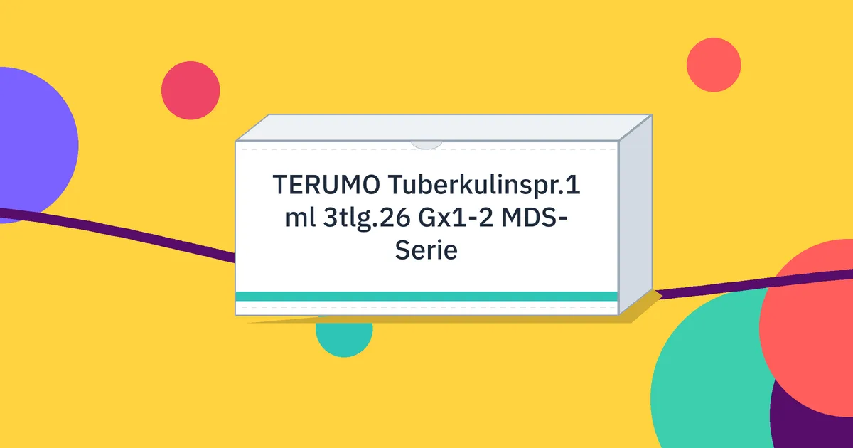 Symbolbild: Packung mit der Aufschrift TERUMO Tuberkulinspr.1 ml 3tlg.26 Gx1-2 MDS-Serie (PZN 17630969) – Verfügbarkeit und Bezug in Apotheken in Frankfurt am Main
