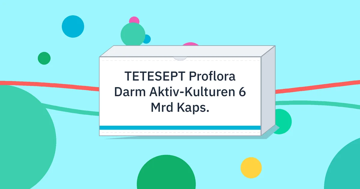 Symbolbild: Packung mit der Aufschrift TETESEPT Proflora Darm Aktiv-Kulturen 6 Mrd Kaps. (PZN 13348466) – Verfügbarkeit und Bezug in Apotheken in Frankfurt am Main