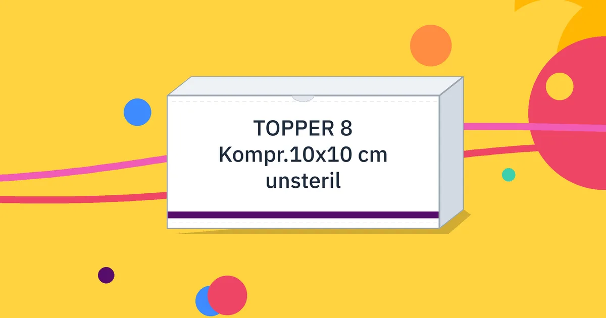 Symbolbild: Packung mit der Aufschrift TOPPER 8 Kompr.10x10 cm unsteril (PZN 11184730) – Verfügbarkeit und Bezug in Apotheken in Frankfurt am Main