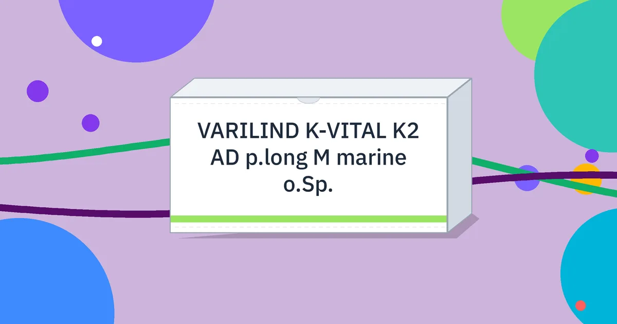 Symbolbild: Packung mit der Aufschrift VARILIND K-VITAL K2 AD p.long M marine o.Sp. (PZN 20568079) – Verfügbarkeit und Bezug in Apotheken in Frankfurt am Main