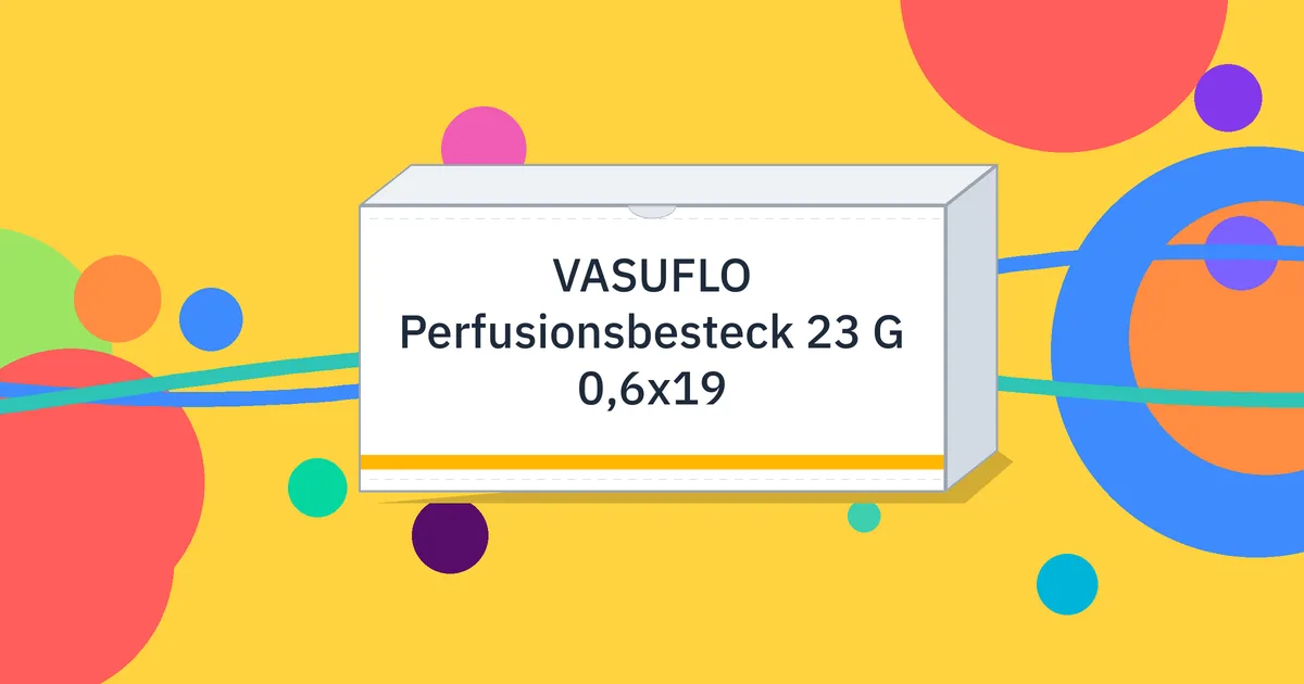 Symbolbild: Packung mit der Aufschrift VASUFLO Perfusionsbesteck 23 G 0,6x19 (PZN 03043381) – Verfügbarkeit und Bezug in Apotheken in Frankfurt am Main