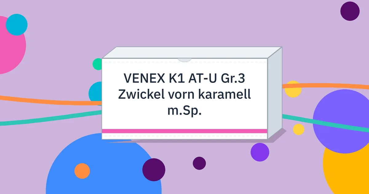Symbolbild: Packung mit der Aufschrift VENEX K1 AT-U Gr.3 Zwickel vorn karamell m.Sp. (PZN 13759324) – Verfügbarkeit und Bezug in Apotheken in Frankfurt am Main