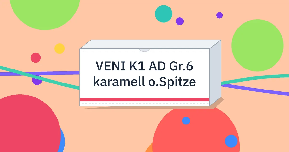 Symbolbild: Packung mit der Aufschrift VENI K1 AD Gr.6 karamell o.Spitze (PZN 13756159) – Verfügbarkeit und Bezug in Apotheken in Frankfurt am Main