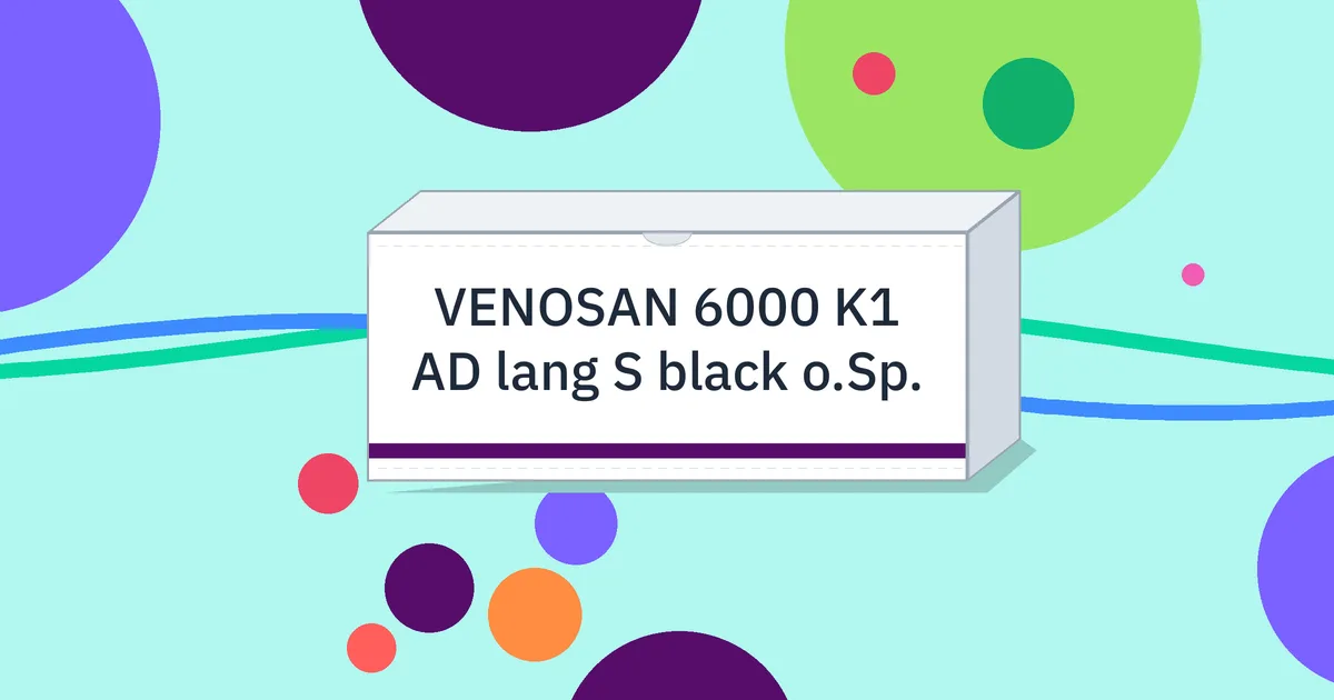 Symbolbild: Packung mit der Aufschrift VENOSAN 6000 K1 AD lang S black o.Sp. (PZN 17171183) – Verfügbarkeit und Bezug in Apotheken in Frankfurt am Main