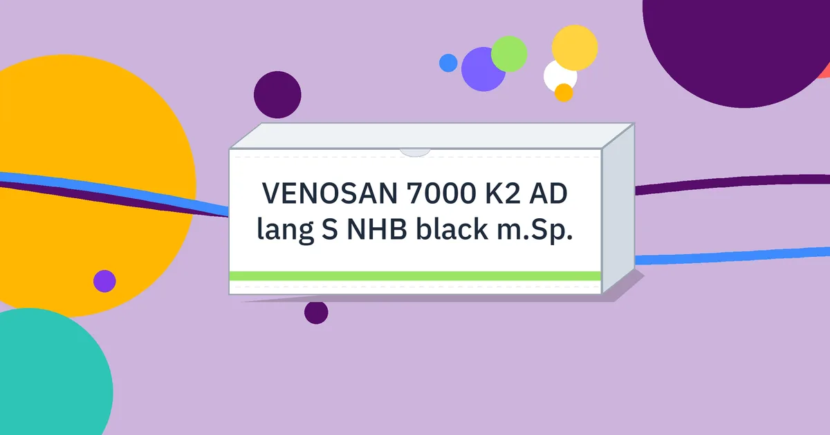 Symbolbild: Packung mit der Aufschrift VENOSAN 7000 K2 AD lang S NHB black m.Sp. (PZN 14435724) – Verfügbarkeit und Bezug in Apotheken in Frankfurt am Main