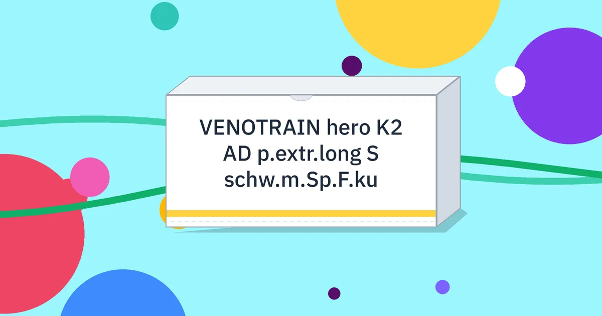 Symbolbild: Packung mit der Aufschrift VENOTRAIN hero K2 AD p.extr.long S schw.m.Sp.F.ku (PZN 19189773) – Verfügbarkeit und Bezug in Apotheken in Frankfurt am Main