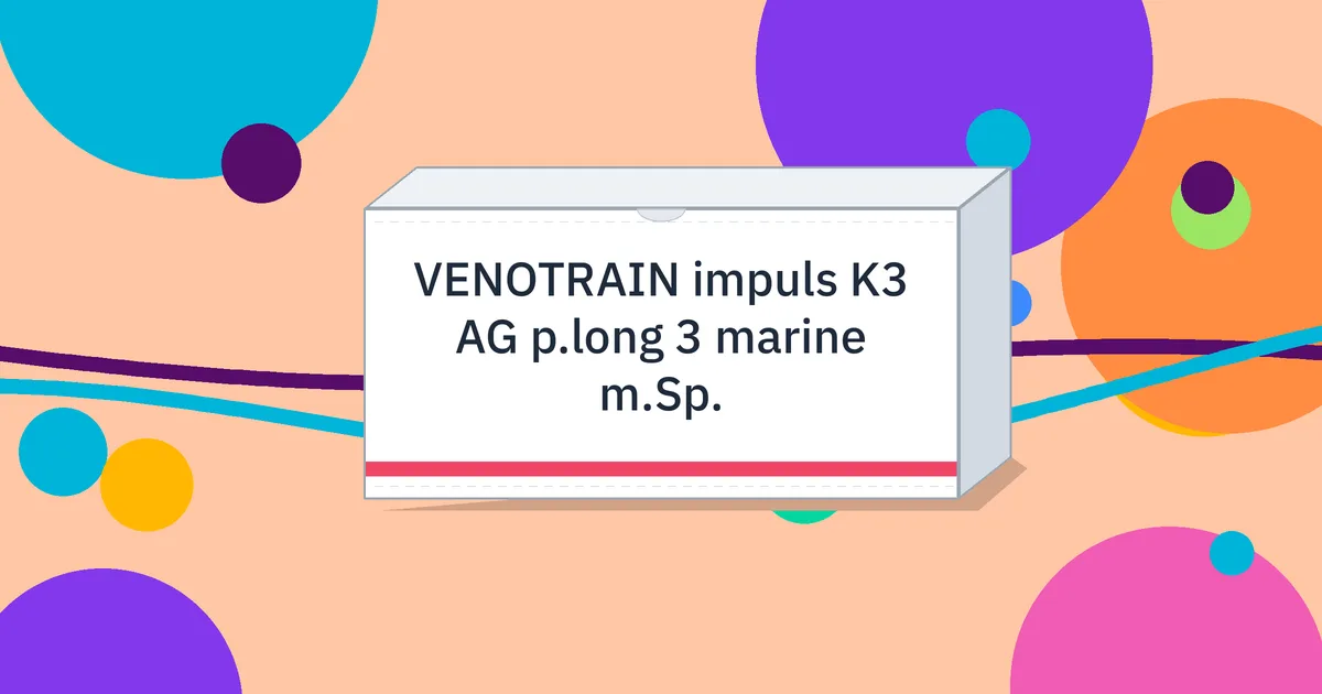 Symbolbild: Packung mit der Aufschrift VENOTRAIN impuls K3 AG p.long 3 marine m.Sp. (PZN 15213061) – Verfügbarkeit und Bezug in Apotheken in Frankfurt am Main