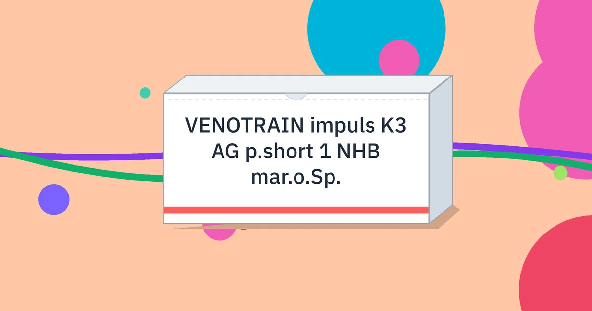 Symbolbild: Packung mit der Aufschrift VENOTRAIN impuls K3 AG p.short 1 NHB mar.o.Sp. (PZN 15215657) – Verfügbarkeit und Bezug in Apotheken in Frankfurt am Main