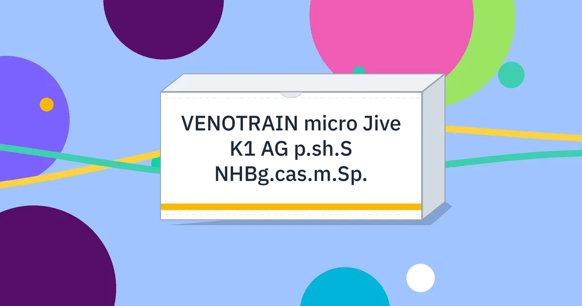 Symbolbild: Packung mit der Aufschrift VENOTRAIN micro Jive K1 AG p.sh.S NHBg.cas.m.Sp. (PZN 20766721) – Verfügbarkeit und Bezug in Apotheken in Frankfurt am Main