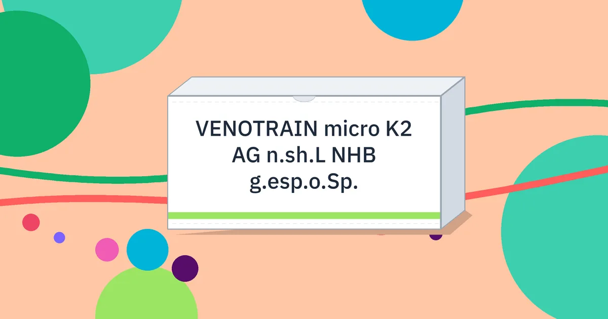 Symbolbild: Packung mit der Aufschrift VENOTRAIN micro K2 AG n.sh.L NHB g.esp.o.Sp. (PZN 06050571) – Verfügbarkeit und Bezug in Apotheken in Frankfurt am Main
