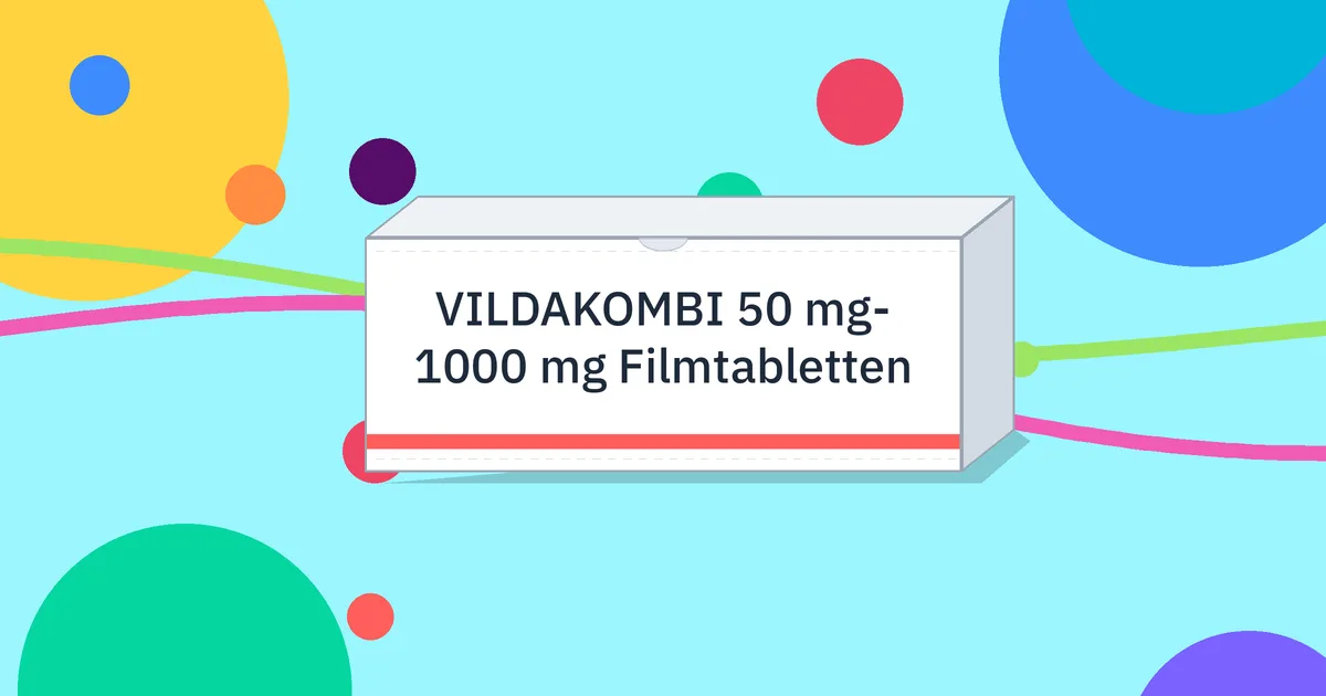 Symbolbild: Packung mit der Aufschrift VILDAKOMBI 50 mg-1000 mg Filmtabletten (PZN 18112538) – Verfügbarkeit und Bezug in Apotheken in Frankfurt am Main